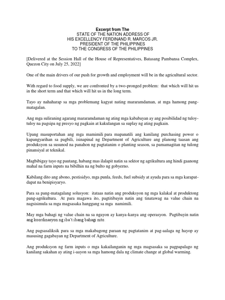 BBM Exceprt 1st SONA | PDF