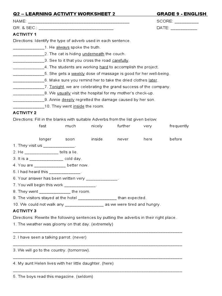 Adverb Worksheet | PDF