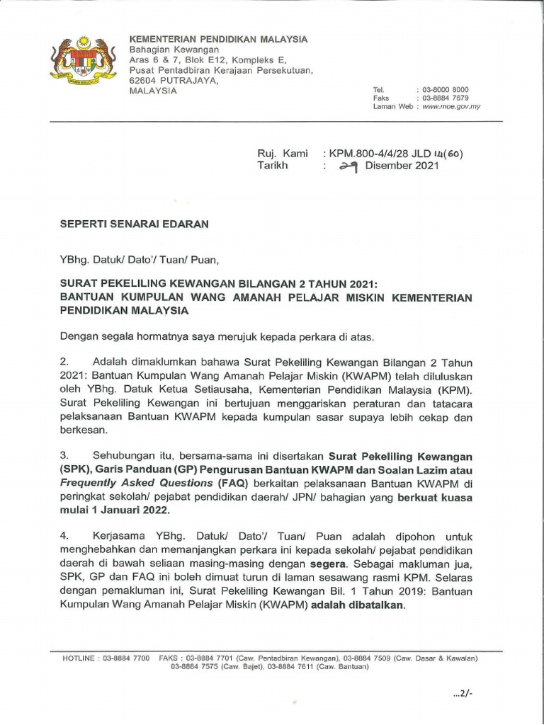 Surat Pekeliling Kewangan Bantuan KWAPM Bil. 2 Tahun 2021 | PDF Surat Pekeliling Kewangan Bantuan KWAPM Bil. 2 Tahun 2021 | PDF