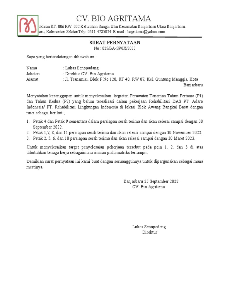 Surat Pernyataan Kesanggupan Menyelesaikan Pekerjaan | PDF