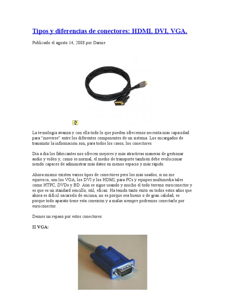 Conectores de video: VGA, DVI y HDMI | PDF | Vídeo | Hdmi