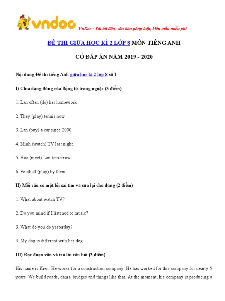 Bo de Thi Giua Hoc Ky 2 Mon Tieng Anh Lop 8 Co Dap An | PDF | Vietnam