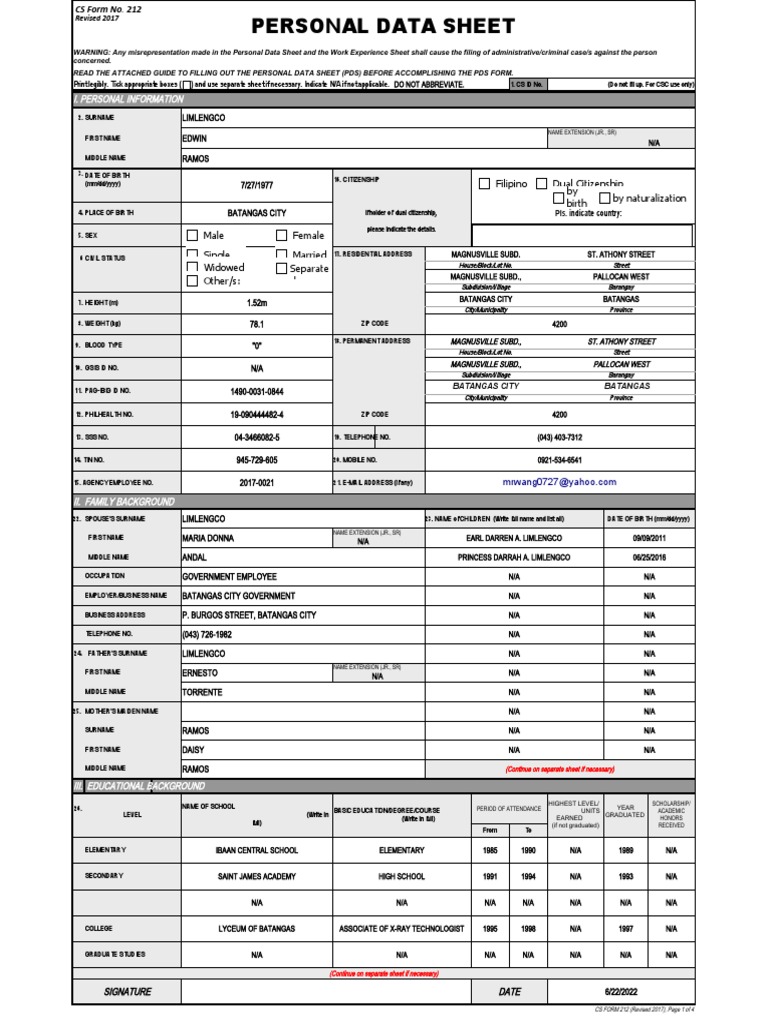 Personal Data Sheet Form | PDF | Radiology