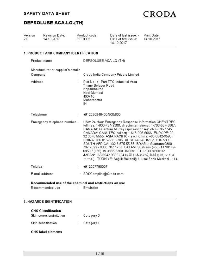Depsolube Aca-Lq - (TH) PTT0397 GHS MSDS | PDF | Toxicity | Dangerous Goods