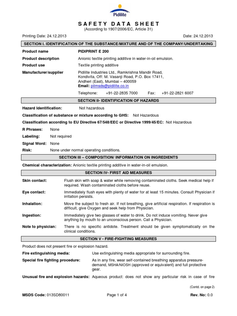 MSDS - Pidiprint e 200 | PDF | Water | Personal Protective Equipment