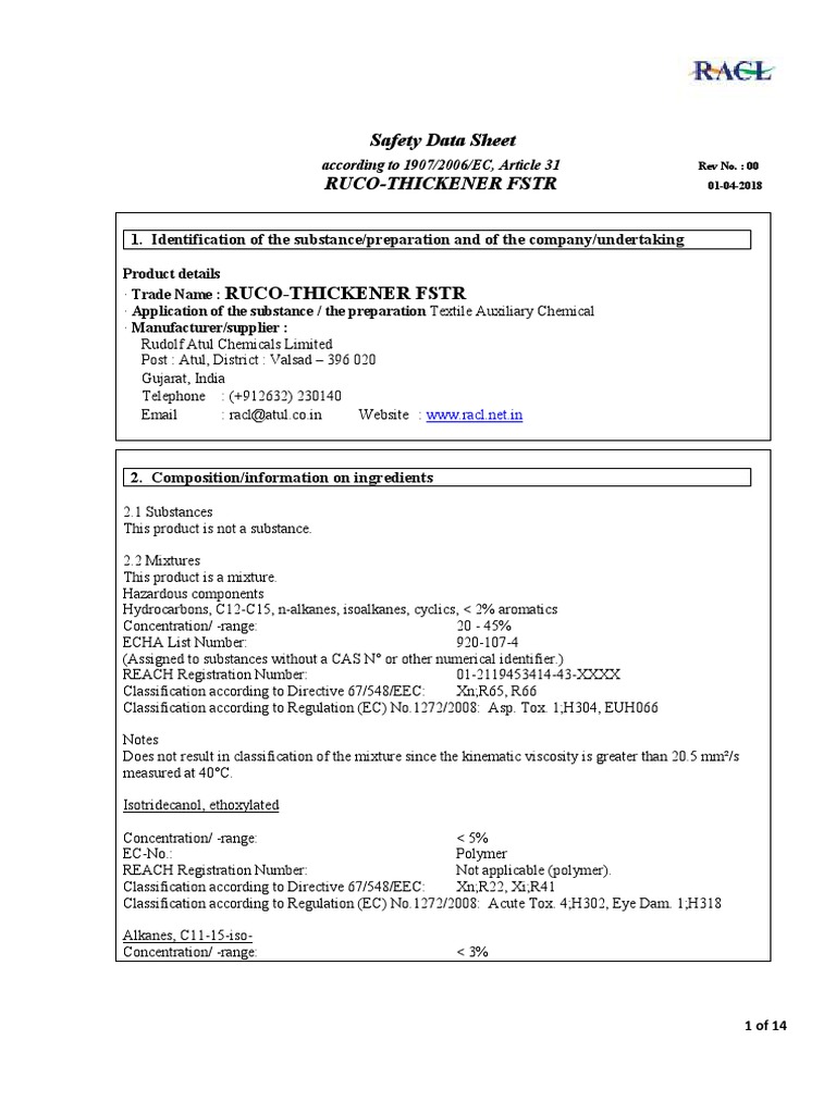 Ruco-Thickener FSTR SDS 1 | PDF | Toxicity | Combustion