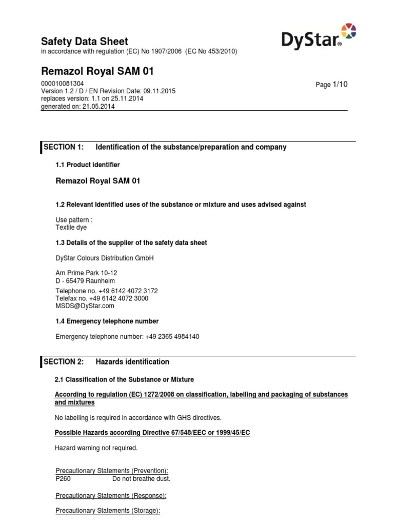 Remazol Royal SAM 01 Safety Data Sheet | PDF | Dangerous Goods | Sewage ...