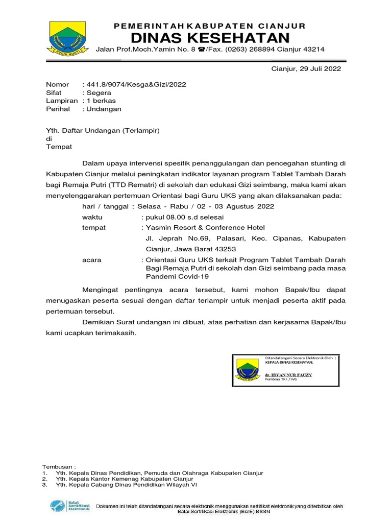 Surat Undangan Orientasi Guru UKS Dalam Program TTD Rematri - Sign ...
