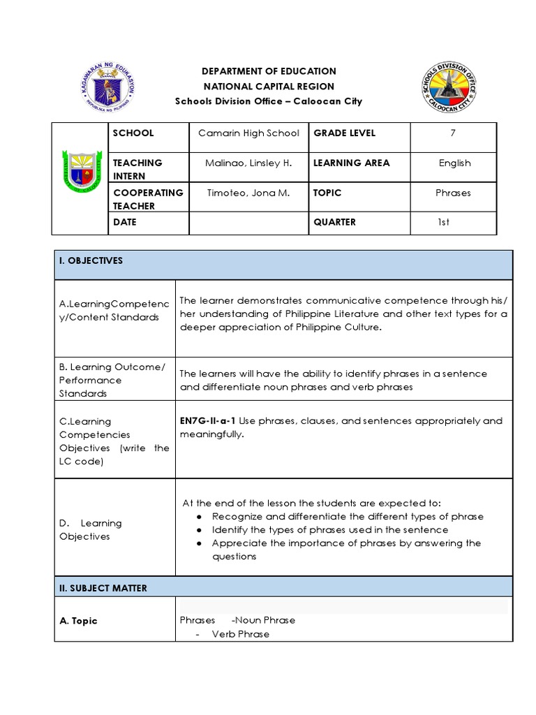 Lesson Plan - Phrases | PDF | Phrase | Verb