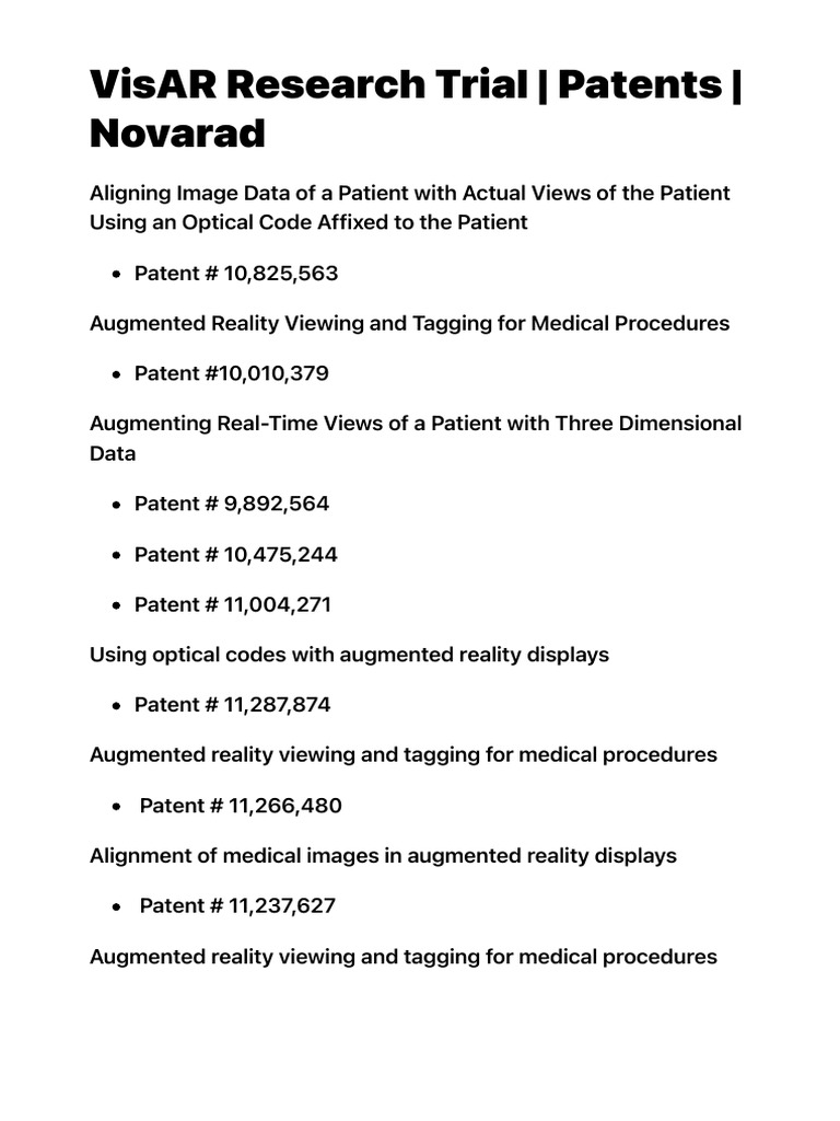VisAR Research Trial - Patents - Novarad | PDF | Technology & Engineering