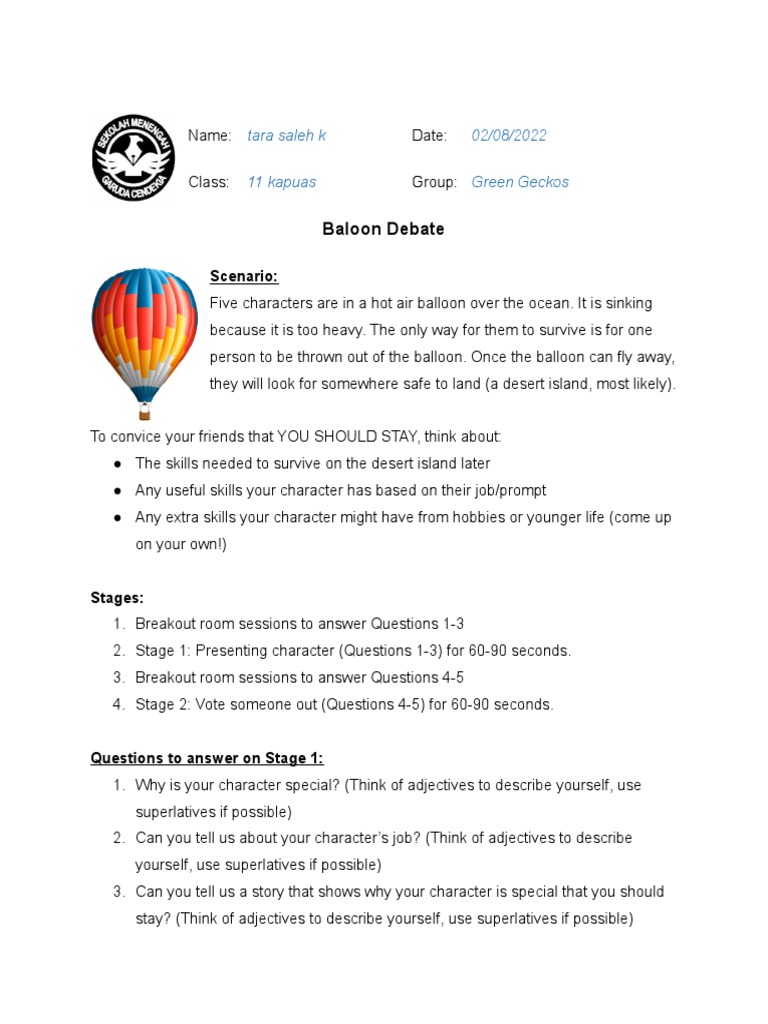 Balloon Debate Worksheet | PDF