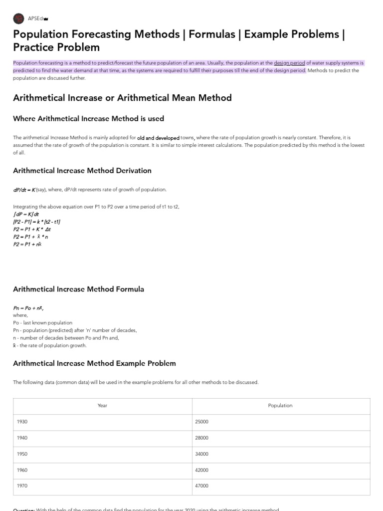 Population Forecasting Methods - Formulas - Example Problems - Practice Problem | PDF | Mean ...