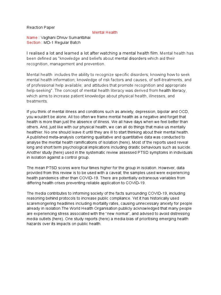 Reaction Paper Mental Health | PDF | Mental Health | Mental Disorder