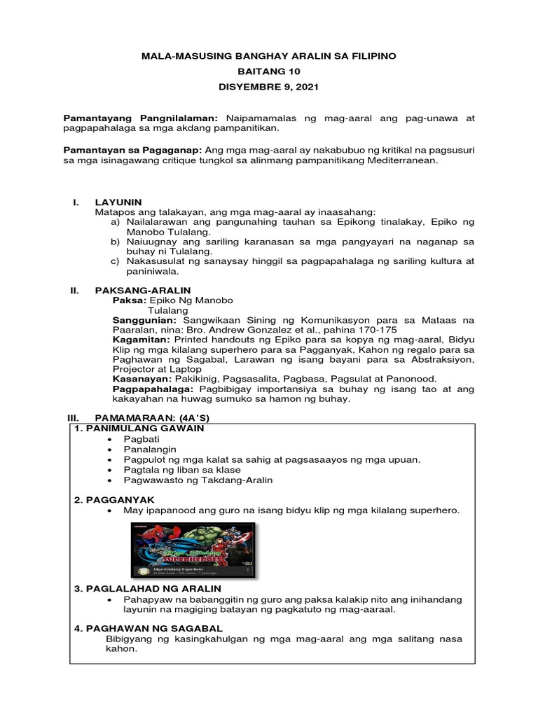 Mala-Masusing Banghay Aralin Sa Filipino (SHELA MARIE M. VEGA BSE 3 FILIPINO | PDF