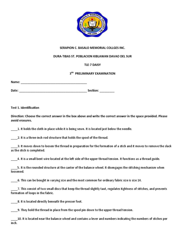 Grade 7-Tle 3rd Prelim | PDF | Sewing Machine | Manufactured Goods