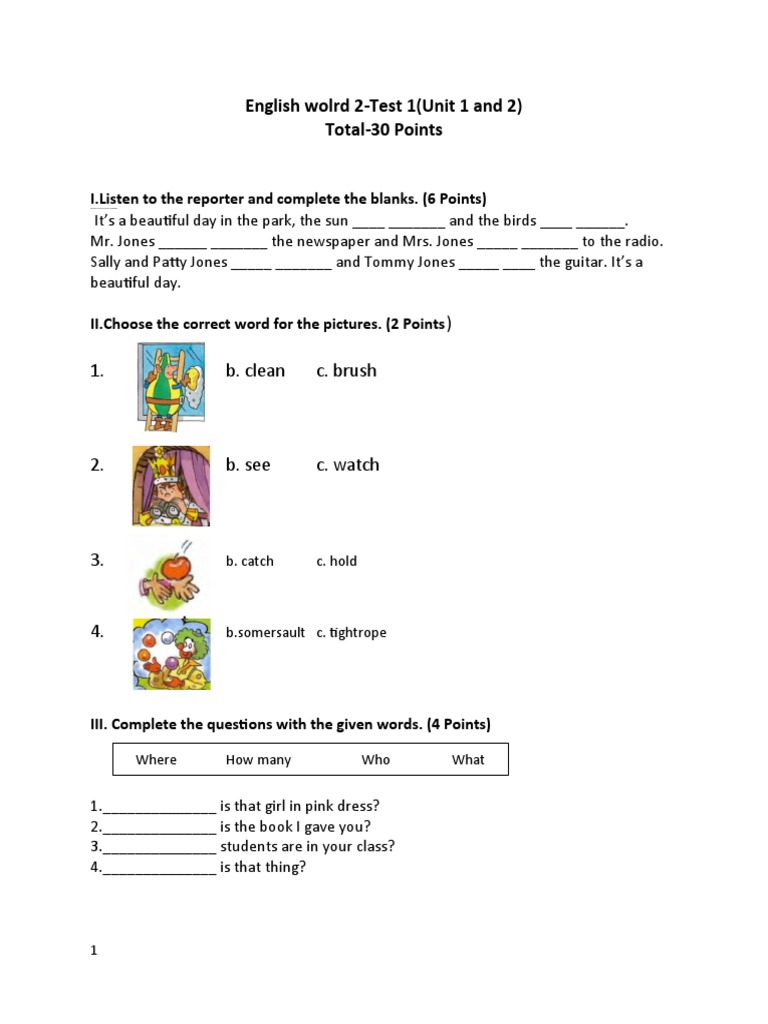 English Wolrd 2-Test 1 (Unit 1 and 2) | PDF