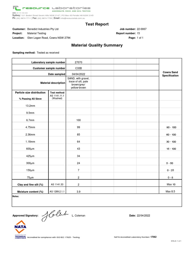 Material Quality Test Report for Cowra Sand from Benedict Industries ...