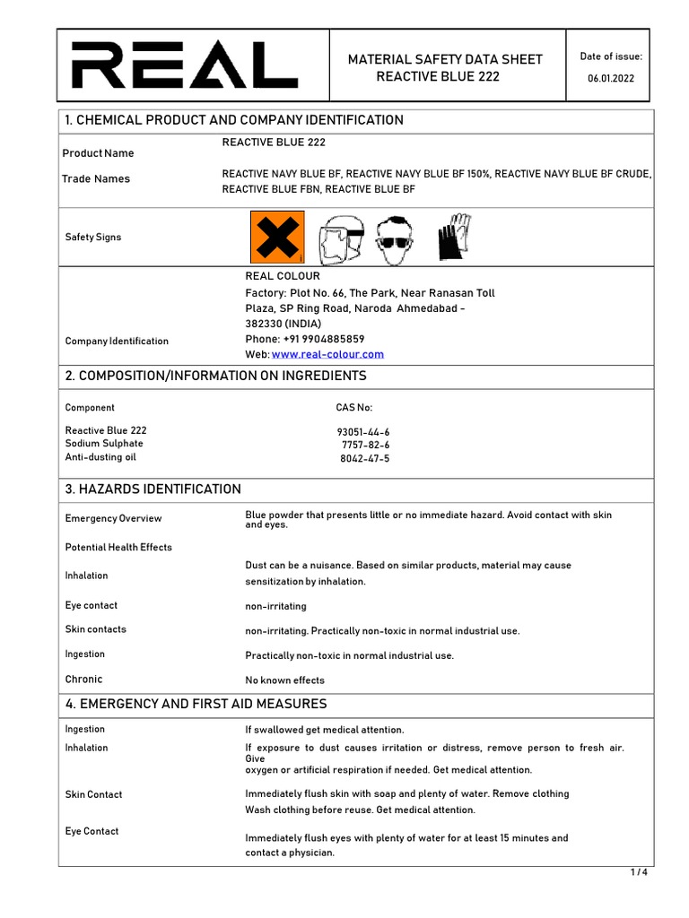 Material Safety Data Sheet for Reactive Blue 222 Dye | PDF | Personal ...