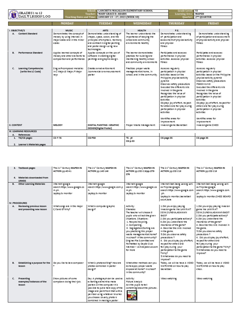DLL - Mapeh 6 - Q2 - W9 | PDF | Learning | Video