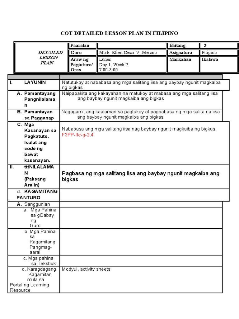 Cot DLL Filipino Merano | PDF