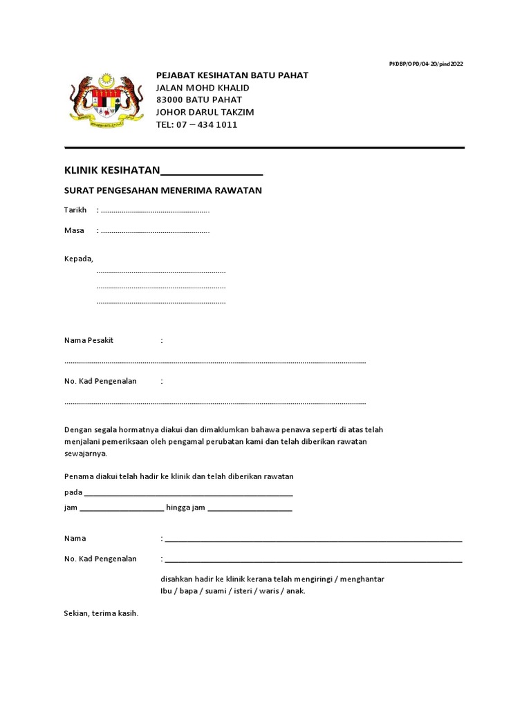 Surat Pengesahan Menerima Rawatan, Mengiringi Pesakit | PDF
