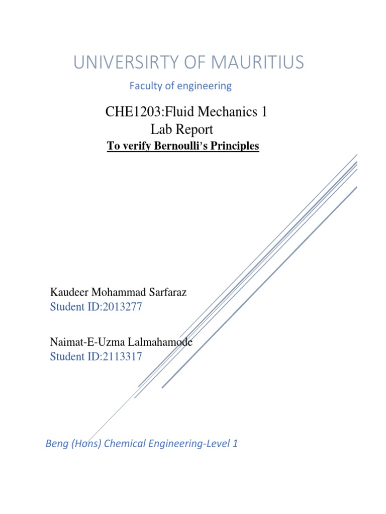 Fluid Mechanics 1 - Lab Report - Bernoulli's Principle Final | PDF ...