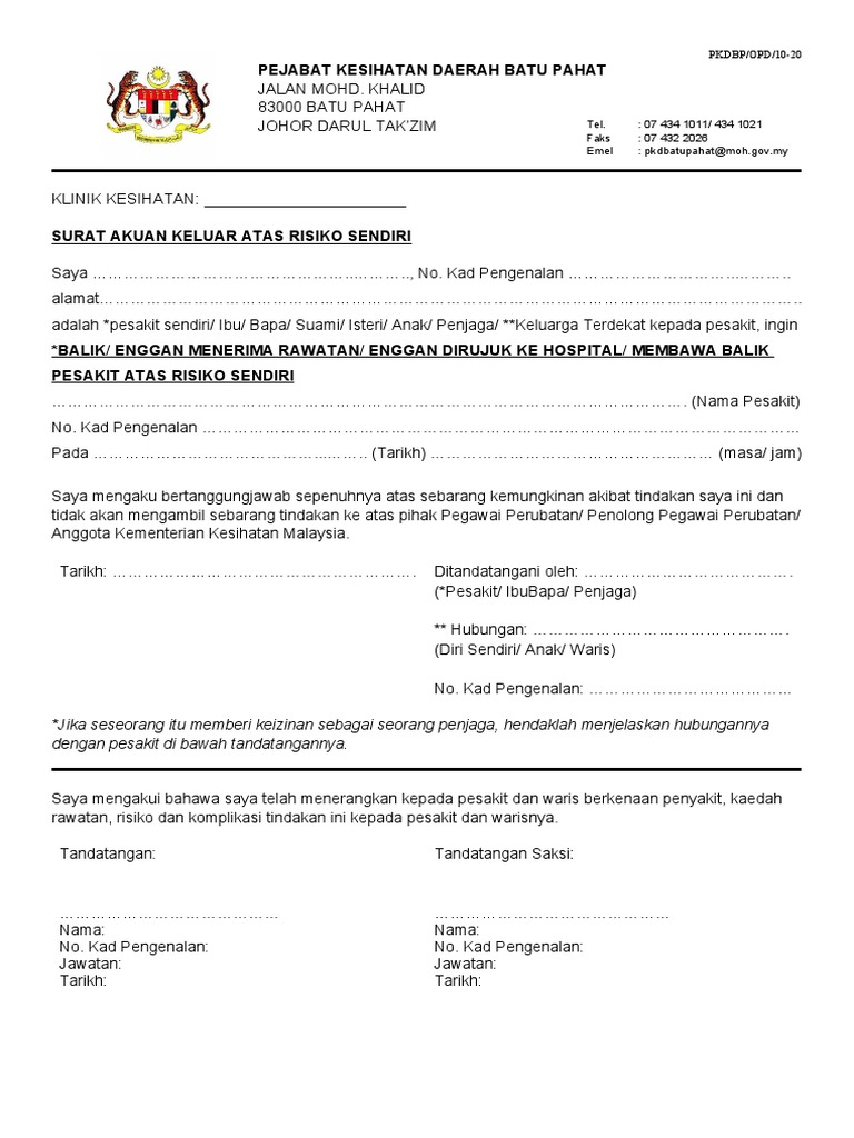 Surat Akuan Keluar Atas Risiko Sendiri | PDF | Hukum