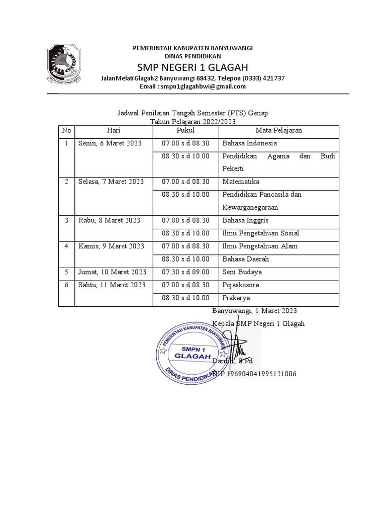 Jadwal PTS SMP Negeri 1 Glagah Tahun Pelajaran 2022/2023 | PDF