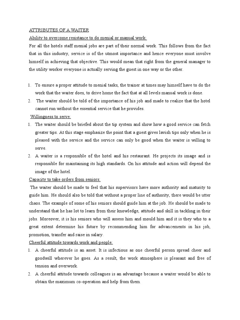 Attributes of A Waiter | Download Free PDF | Waiting Staff | Lunch
