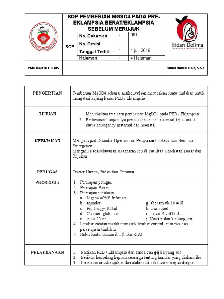 Sop Pemberian Mgso4 | PDF
