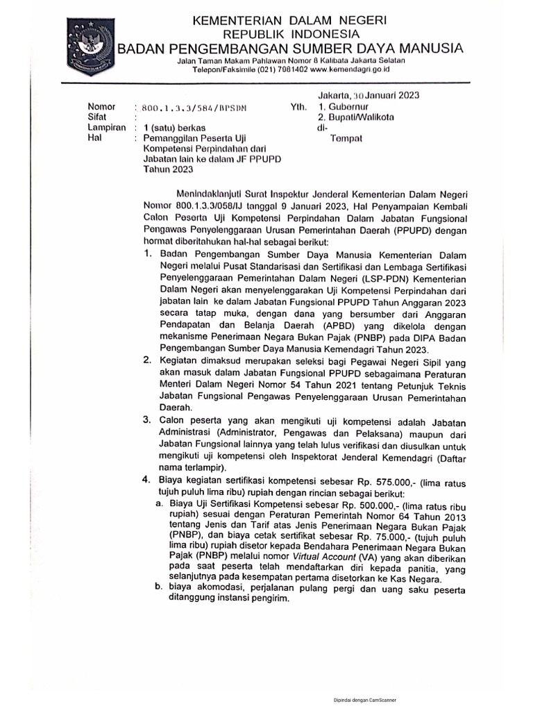 Surat Pemanggilan Peserta 800.1.3.3584BPSDM 001 | PDF