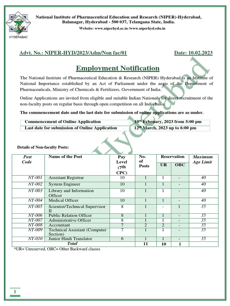 NIPER Hyderabad Non-Faculty Recruitment 2023 | PDF | Academic Degree ...