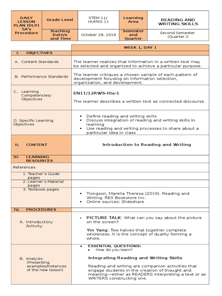 Daily Lesson Plan: Reading & Writing Skills | PDF | Learning ...
