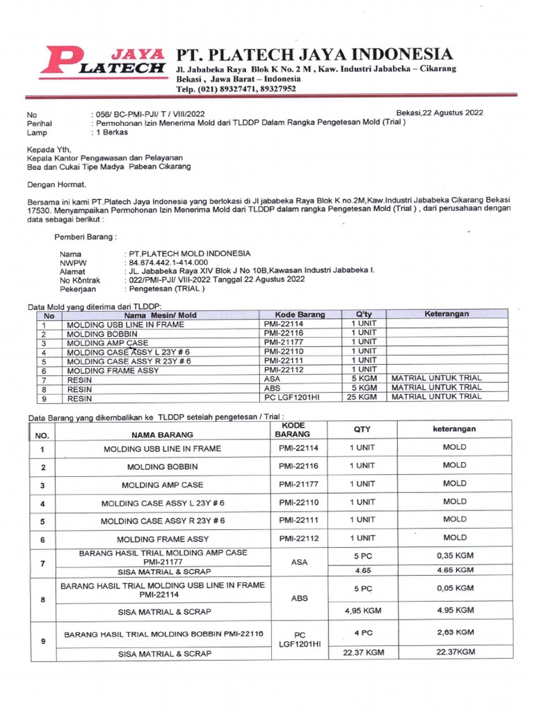 Surat Permohonan Platech Jaya No 056 Ijin Menerima Mold Trial | PDF