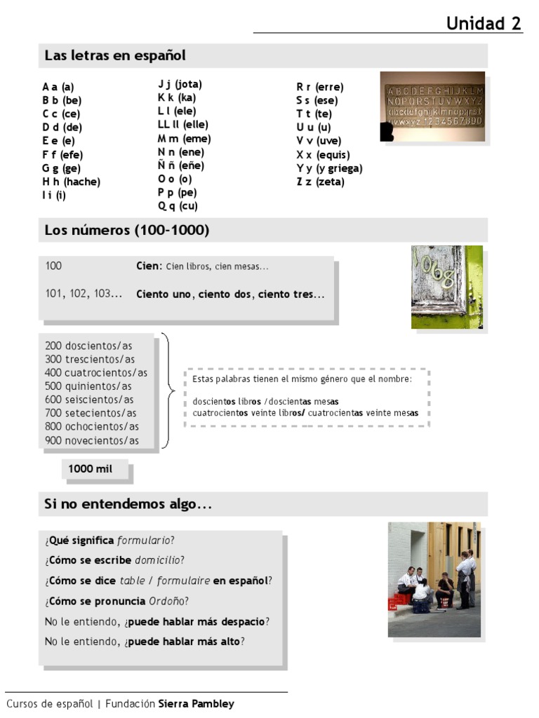Unidad 2. Las Letras en Español. Los Números (100-1000) Si No ...