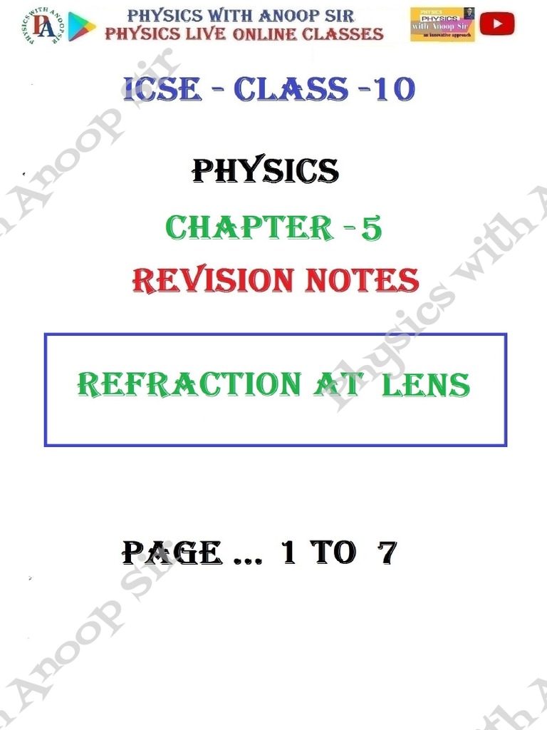 Class 10 ICSE Lens Refraction Notes | PDF | Optics | Eye