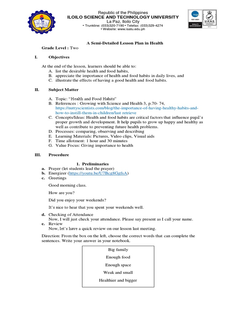 Semi-Detailed Health Lesson Plan for Grade 2 | PDF | Lesson Plan | Learning