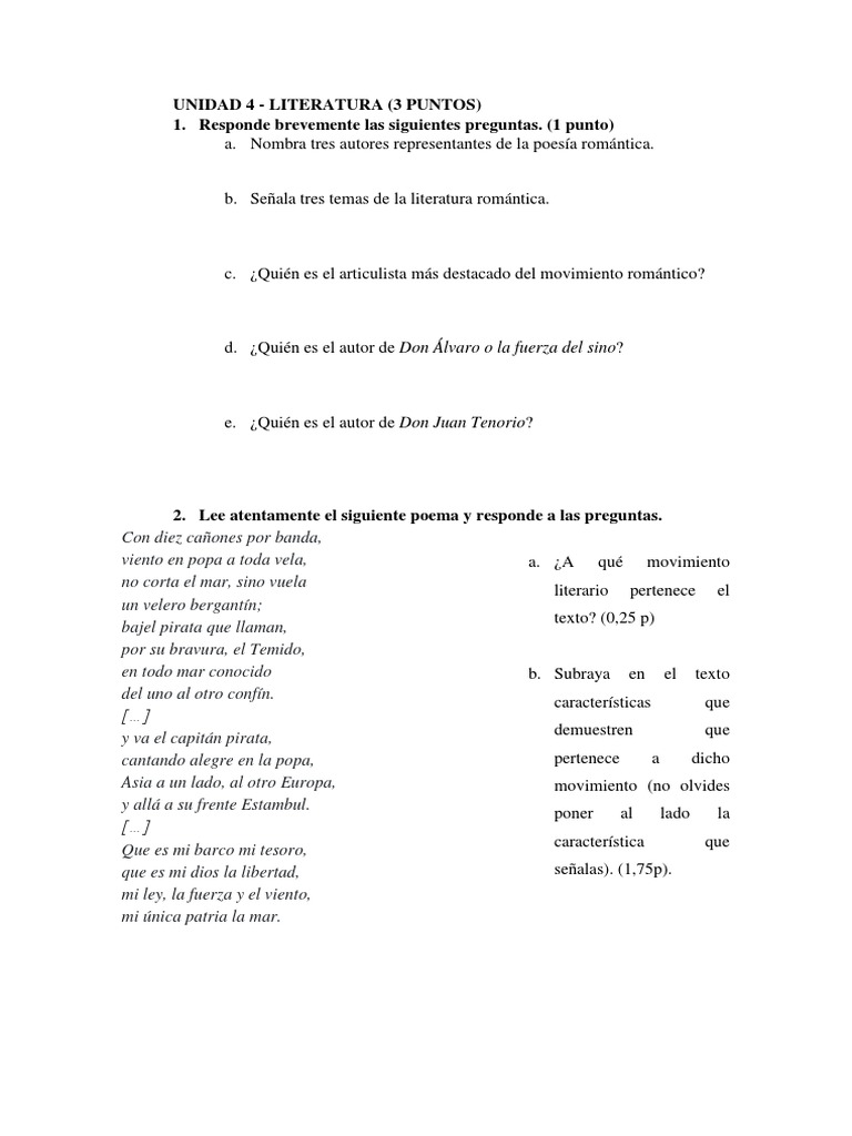 Examen de Literatura Romántica | PDF | Arte | Poesía