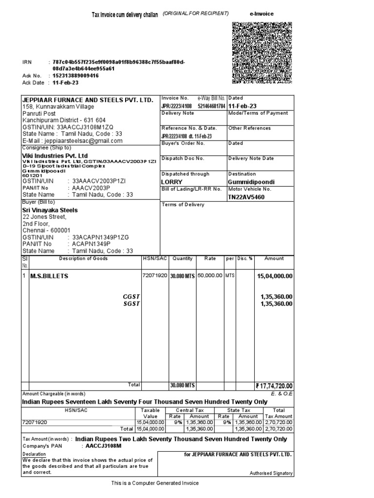 Tax Invoice Cum Delivery Challan: JPR/2223/4108 521464681784 11-Feb-23 ...