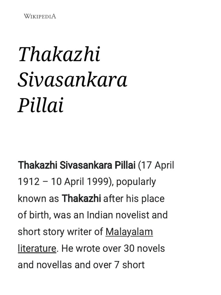 Thakazhi Sivasankara Pillai | PDF | Kerala | Indian Literature