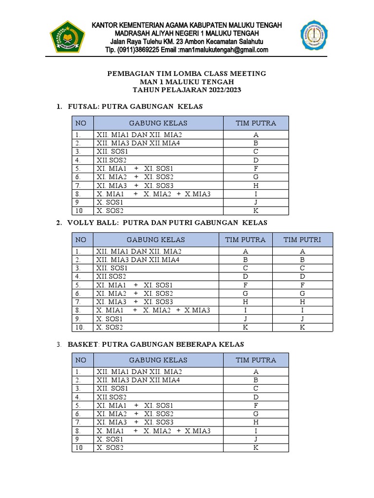 Pembagian Tim Lomba Class Meeting Baru | PDF