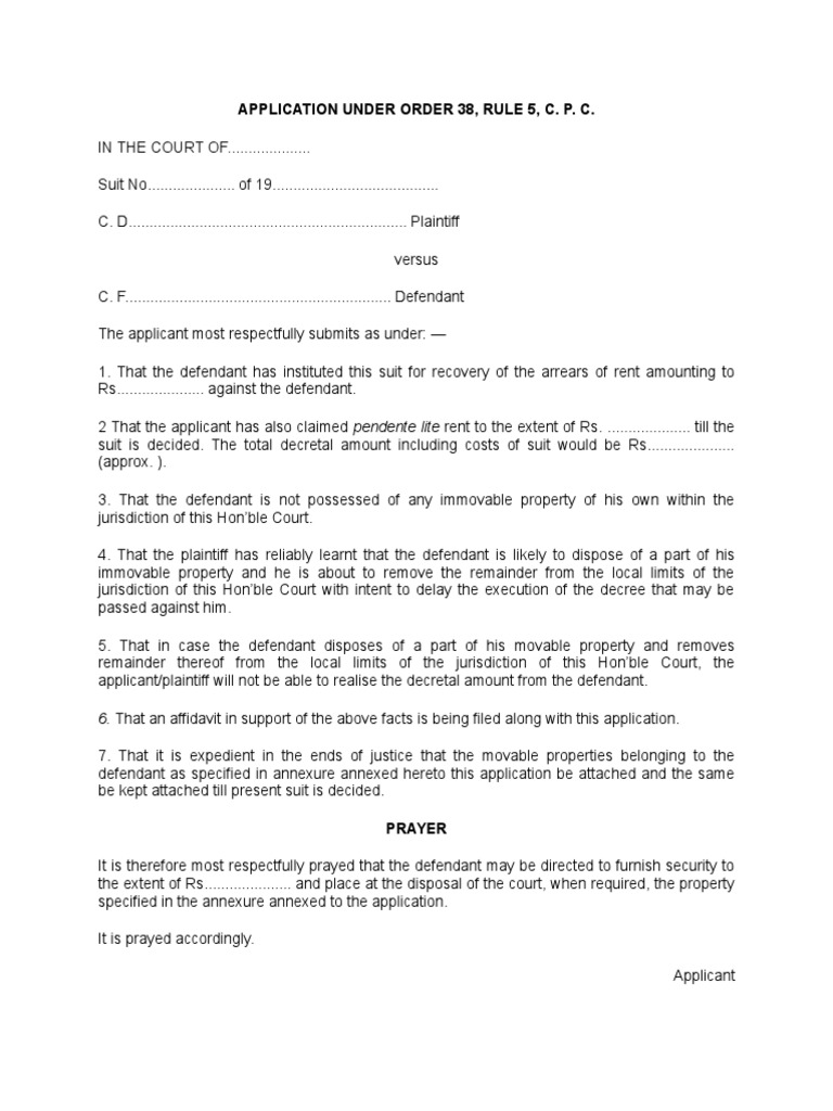 Application Under Order 38, Rule 5, C. P. C | PDF Application Under Order 38, Rule 5, C. P. C | PDF
