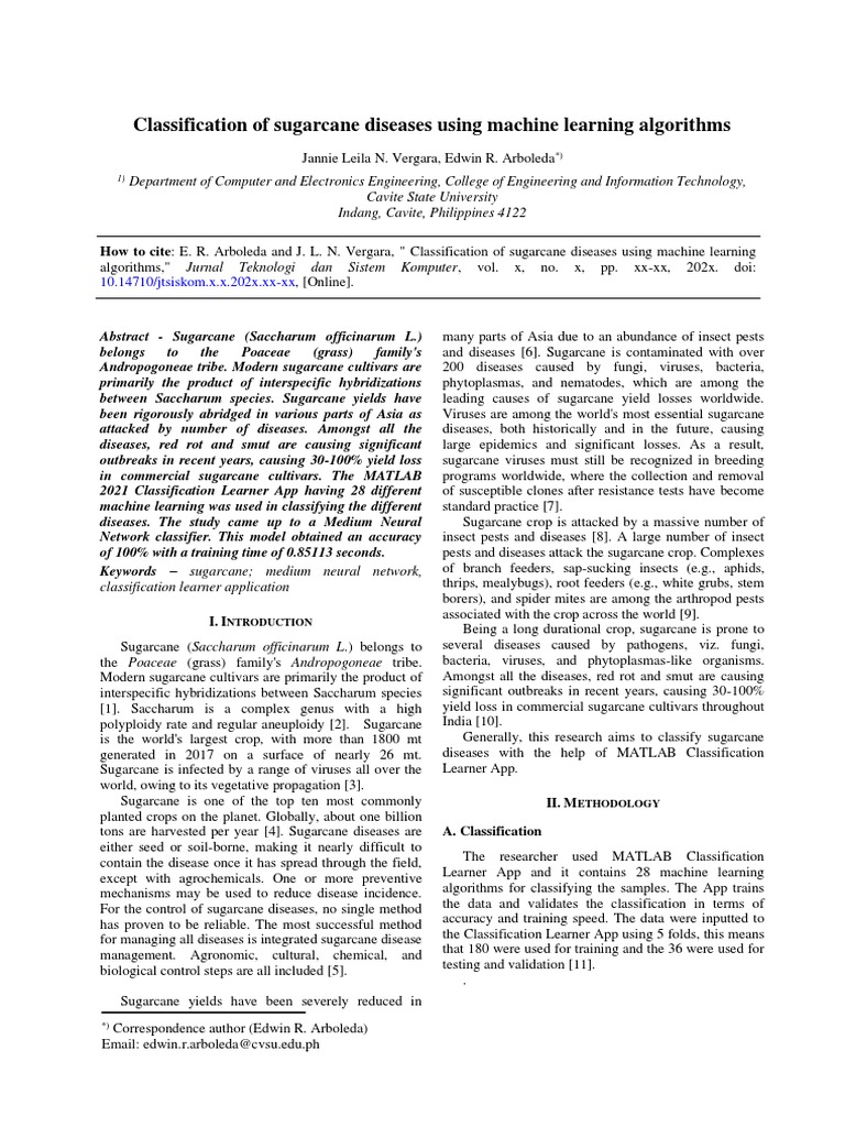 Classification Of Sugarcane Diseases Using Machine Learning Algorithms Pdf Sugarcane