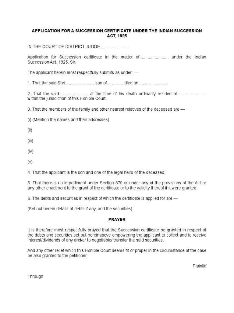 Application For A Succession Certificate Under The Indian Succession ...