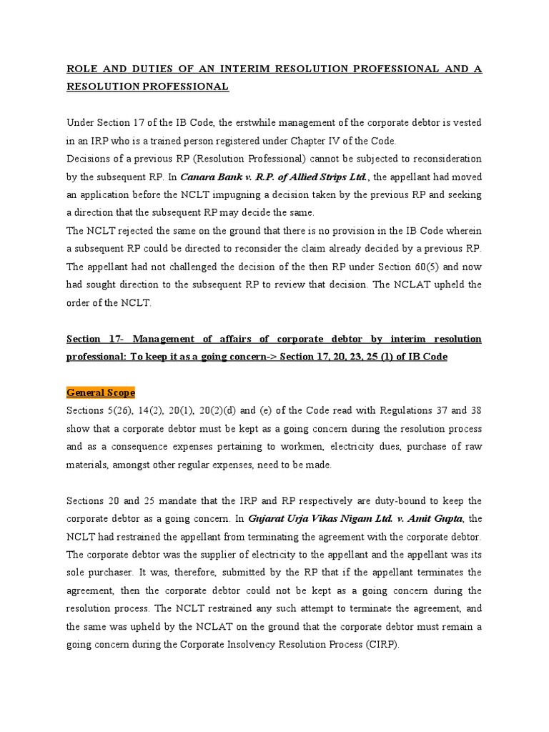 Role and Duties of An Interim Resolution Professional and A Resolution ...