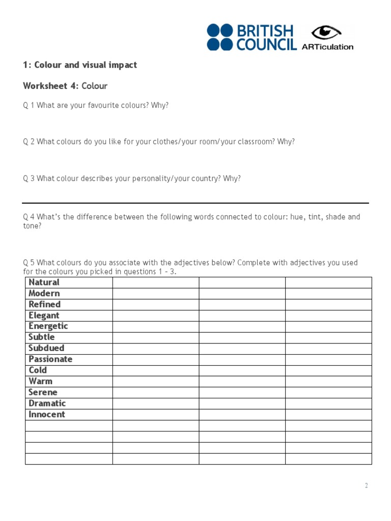 Colour and Visual Impact Worksheet | PDF