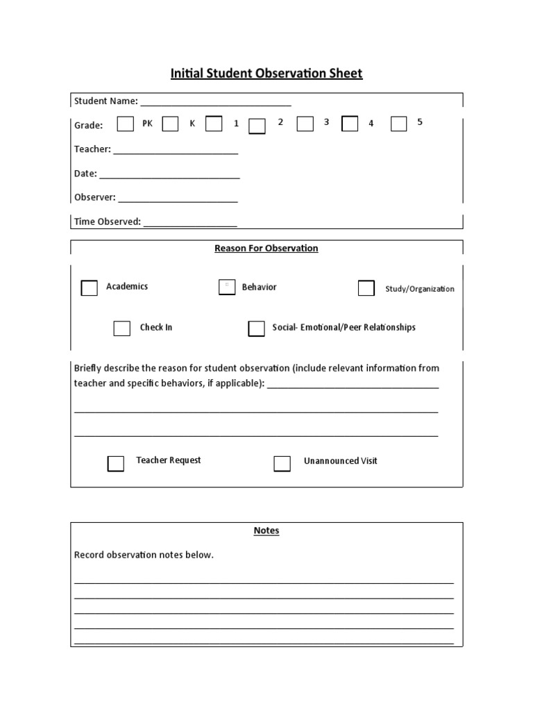 Initial Student Observation Sheet | PDF | Teachers | Reading Comprehension