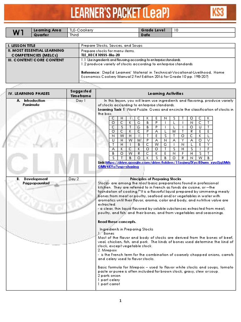 TLE Cookery10 Week1 | PDF | Stock (Food) | Food Ingredients