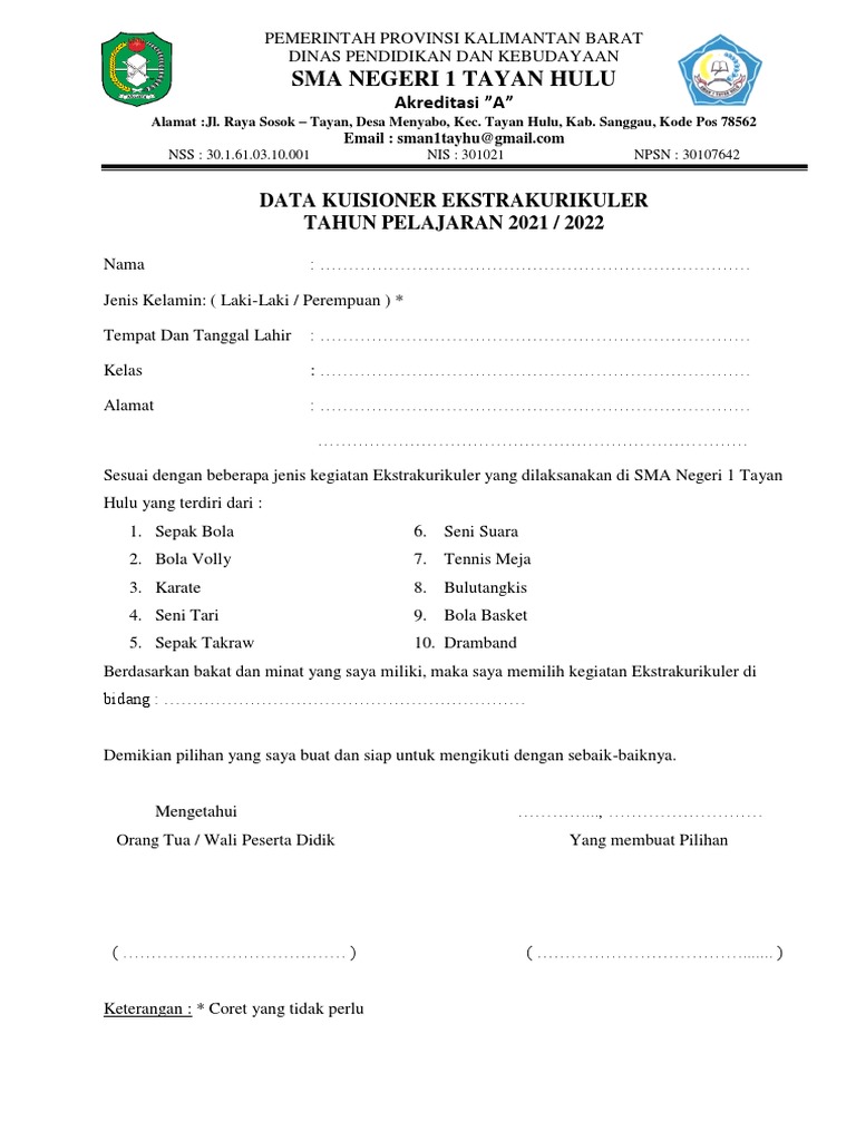 Kuisoner Ekstrakurikuler | PDF