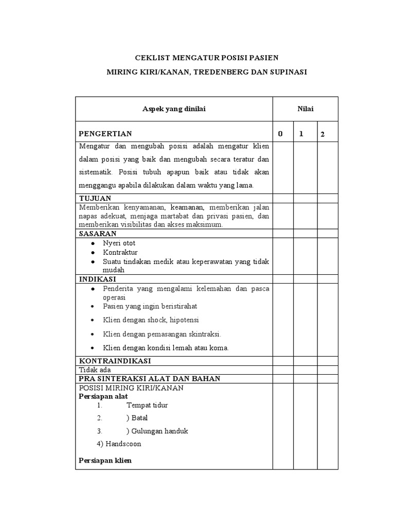 Ceklist Mengatur Posisi Pasien | PDF